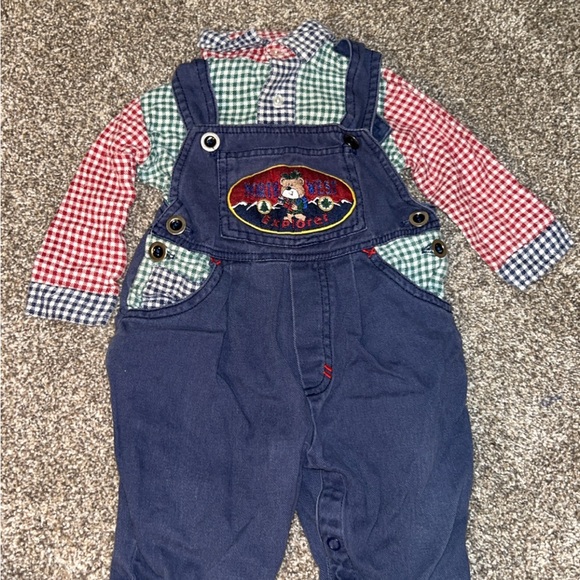 Bottoms | Vintage Kids Blue Overalls With Checkered Shirt | Poshmark